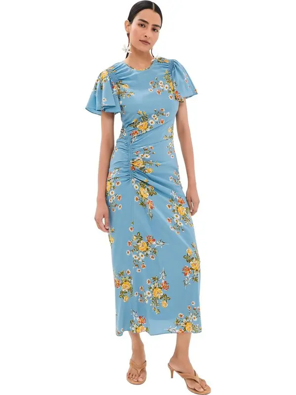 Veronica Beard Midi Huntleigh Dress With Floral Print And Asymmetrical Ruching - Blue River Multi