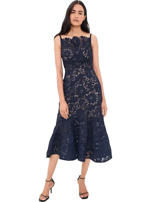 SELF-PORTRAIT Lace Midi Dress With Mermaid Hem - Navy