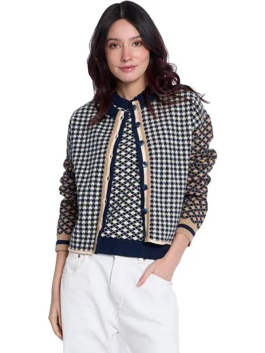 Central Park West Marlo Mixed Check Cardigan - Navy Multi