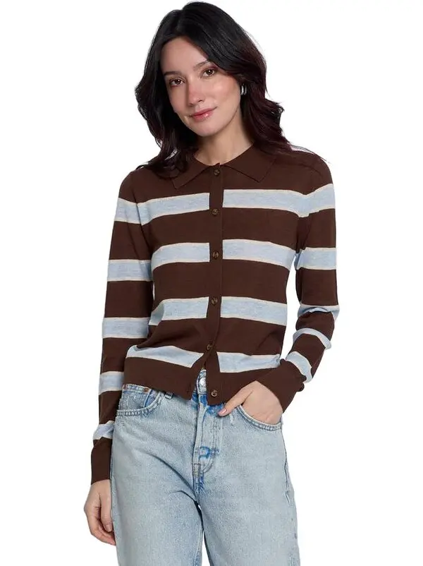 Central Park West Quinn Striped Collared Knit Cardigan - Chocolate Combo