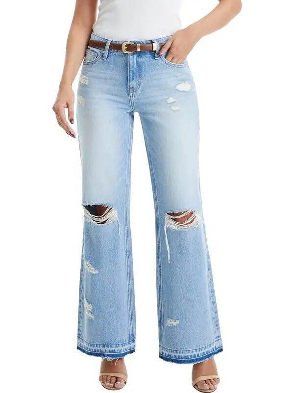 BAYEAS Released Hem Ripped High Waist Bootcut Jeans - Azure