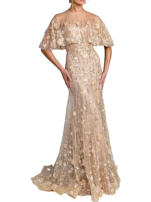 Mac Duggal Petite Embellished Cape Sleeve Mermaid Gown - Almond