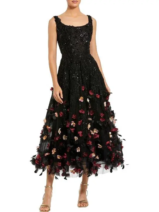 Mac Duggal Petite Sleeveless Beaded Midi Dress With 3d Flowers - Black Multi