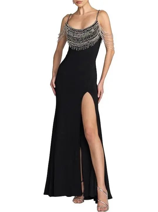 Mac Duggal Crystal Beaded Scoop Back Jersey Gown With Slit - Black