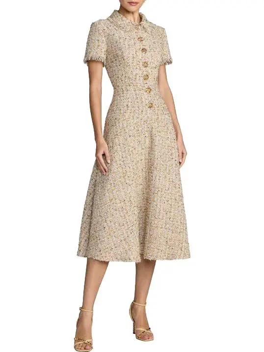 Mac Duggal Boucle Cap Sleeve Collared Neck A Line Midi Dress - Ecru Multi