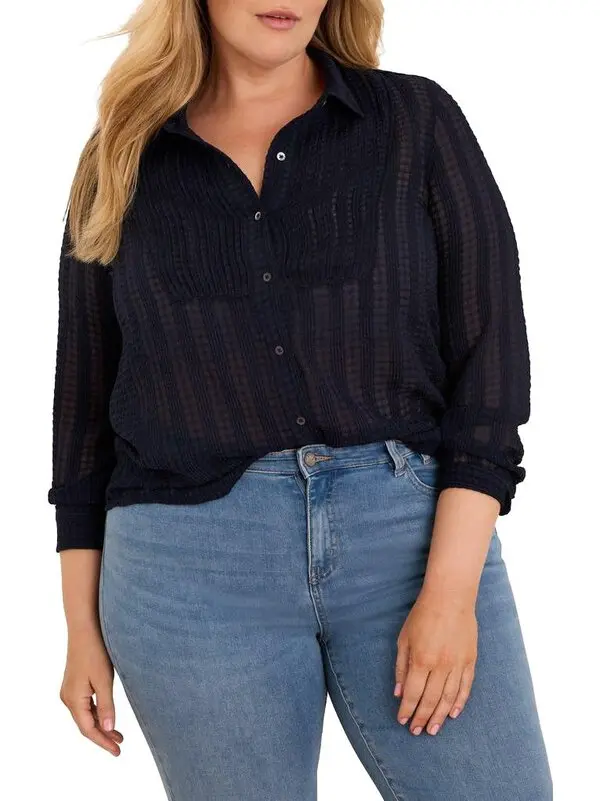 NIC+ZOE Chiffon Jacquard Tuxedo Shirt - Dark Indigo