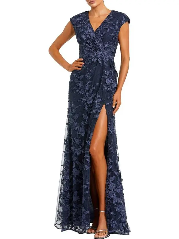 Mac Duggal Petite Faux Wrap Embroidered Cap Sleeve Gown - Midnight
