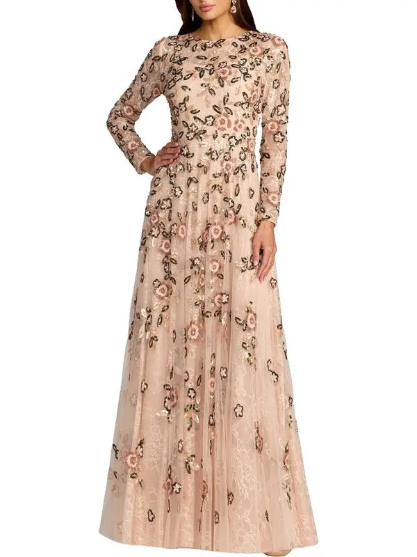 Mac Duggal Embellished Lace Floral Long Sleeve A-line Gown - Rose Multi