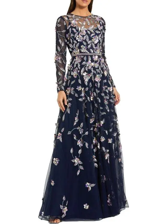 Mac Duggal Petite Long Sleeve Floral Embellished Evening Gown - Midnight Multi