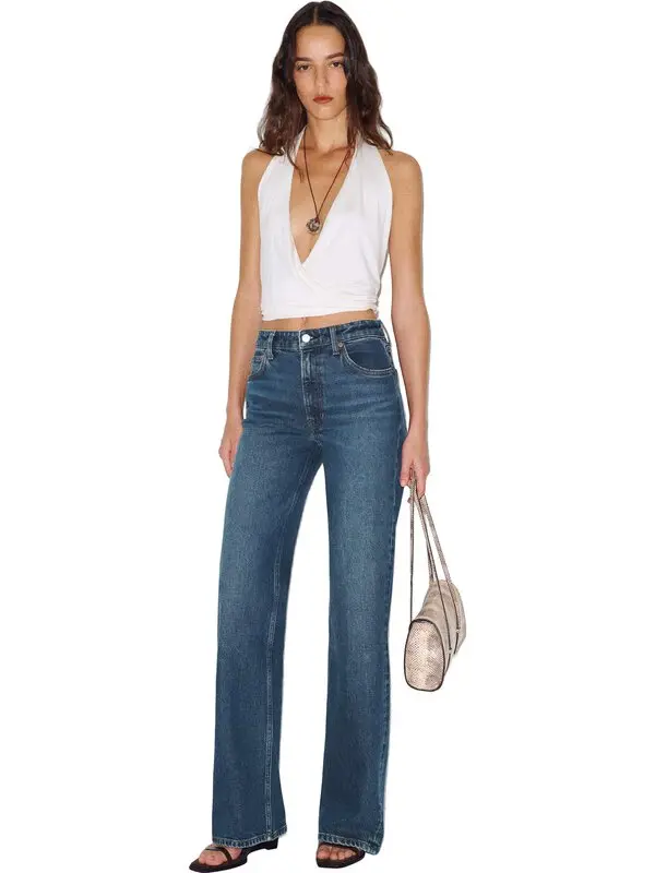 REFORMATION Hunter Stretch Mid Rise Wide Leg Long Jeans - Blue