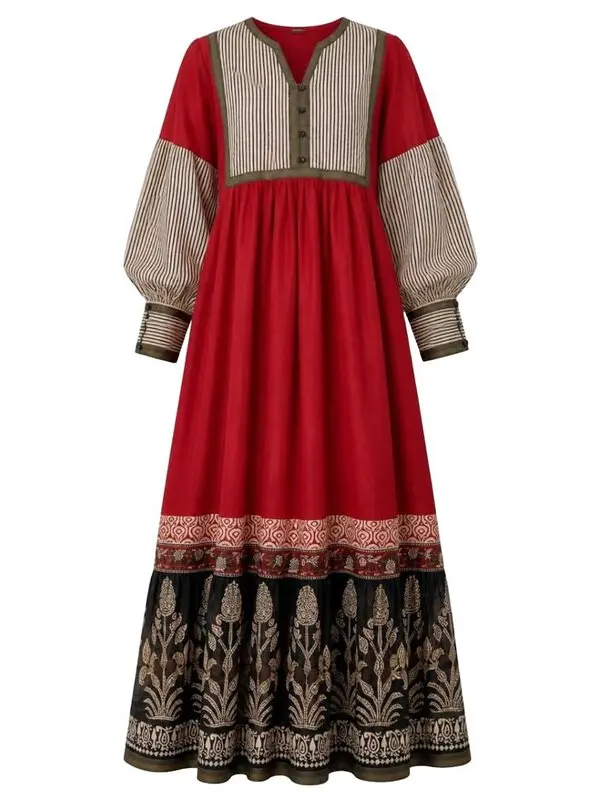 CHARKHA & LOOM Maya Upcycled Maheshwari Silk Maxi Dress - Red