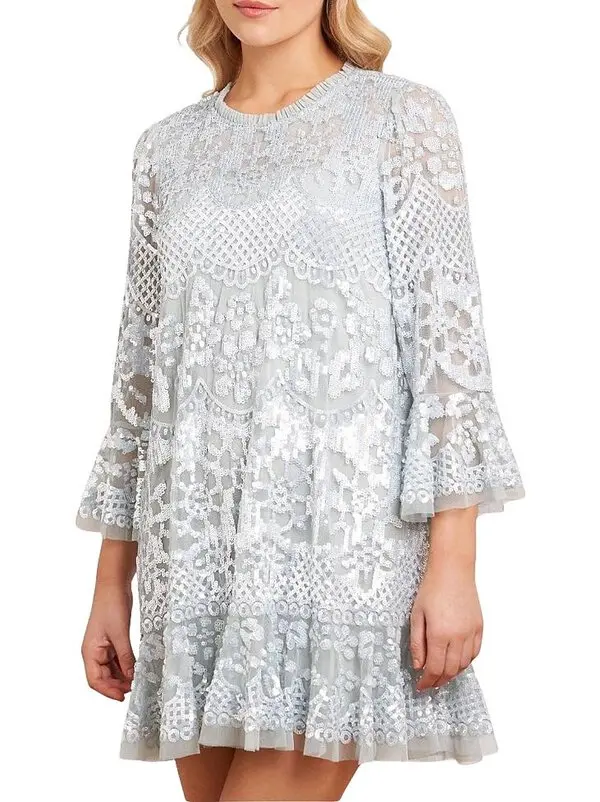 NEEDLE & THREAD Snowdrop 3/4 Sleeve Lace Mini Dress - French Blue