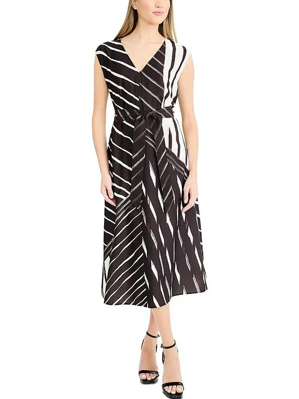 LUXELY Printed Tie Waist V Neck Midi Dress - Black/ Cream