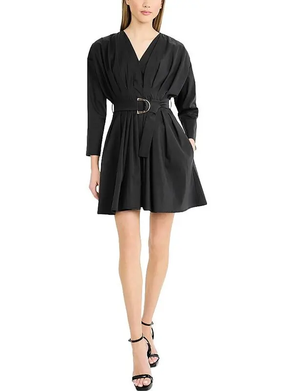 LUXELY Luxley Tie Waist V Neck Long Sleeve Mini Dress - Meteorite