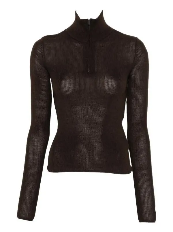 THE FRANKIE SHOP Ribbed Mock Neck Quarter-zip Sweater - Brown