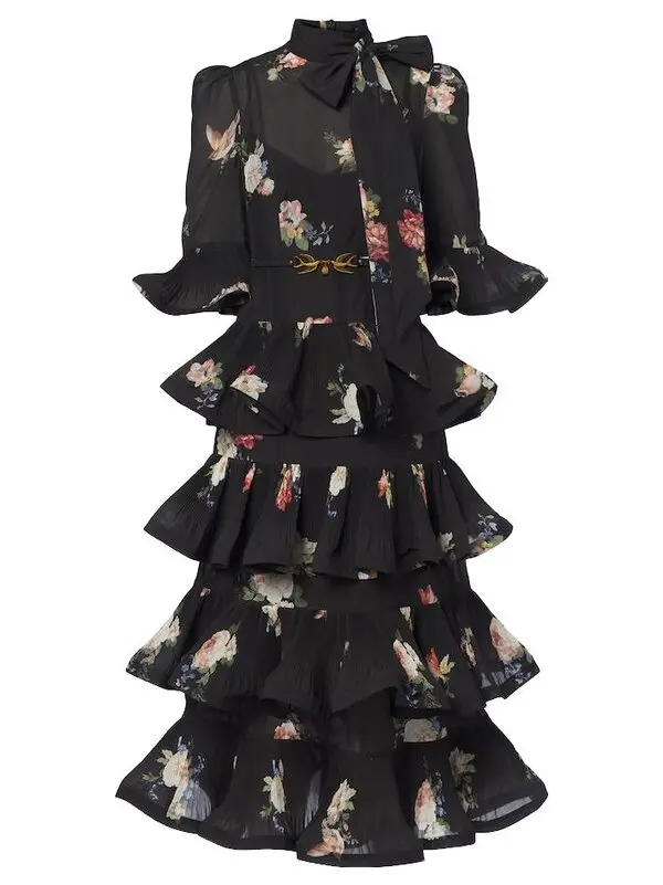 Zimmermann Floral Pleated Ruffled Midi Dress - Black