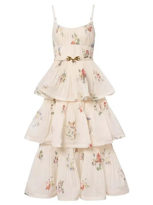 Zimmermann Floral Pleated Tiered Bustier Dress - Beige