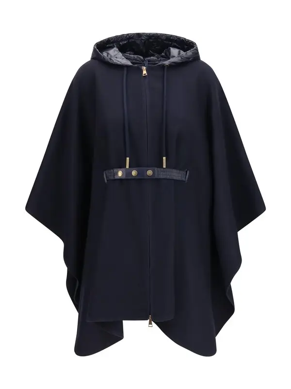 Moncler Padded Wool Blend Cape With Hood - Blue