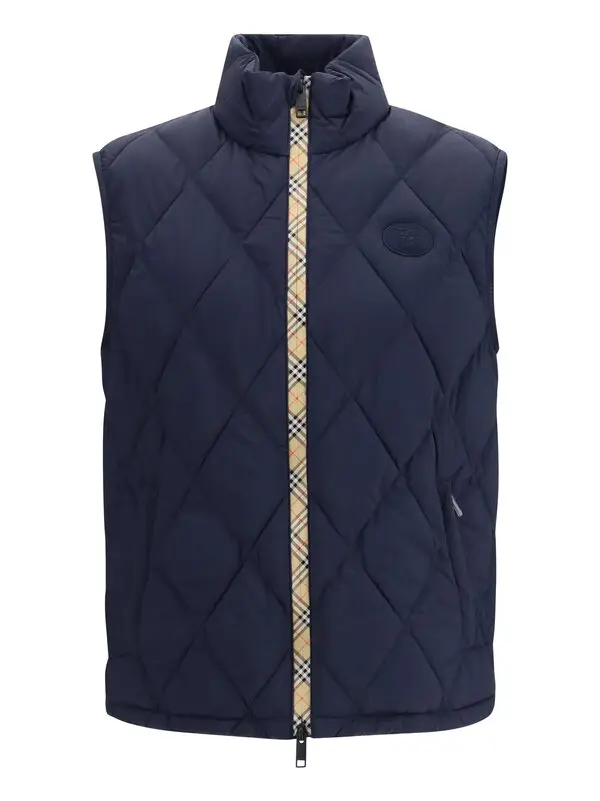 Burberry Down Vest With Check Trim - Blue