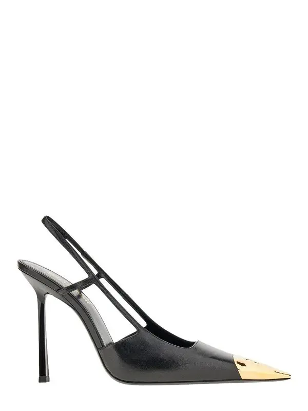 Saint Laurent Jeanne Nappa Leather Slingback Pumps With Gold Hammered Metal Toe - Black