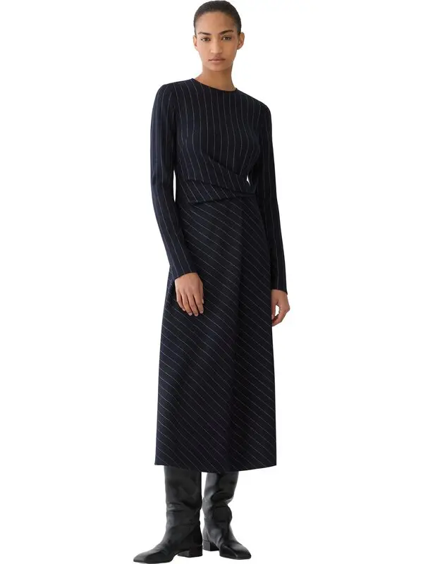 Lafayette 148 New York Pinstripe Wool Jersey Long Sleeve Midi Dress - Navy Multi