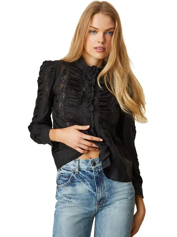 LoveShackFancy Jacque Lace & Ruffled Shirt - Black