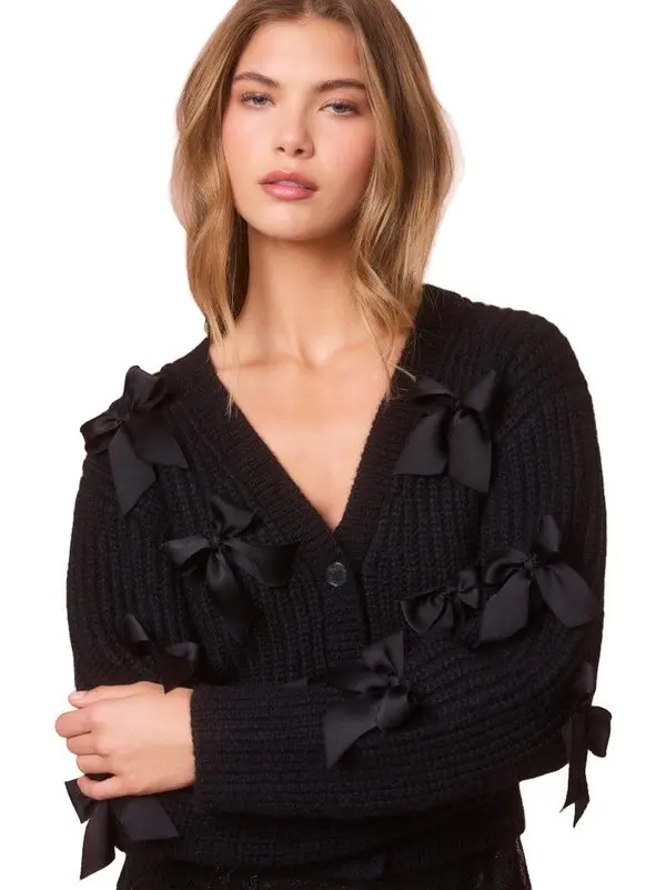 LoveShackFancy Ashtan Cardigan With Bow Embellishments - Black