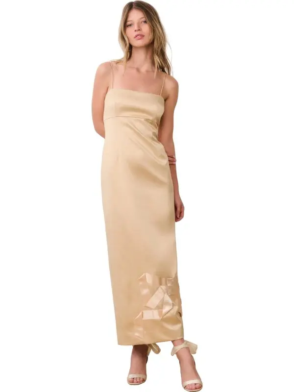 LoveShackFancy Calise Satin Bow Detail Midi Dress - Gold