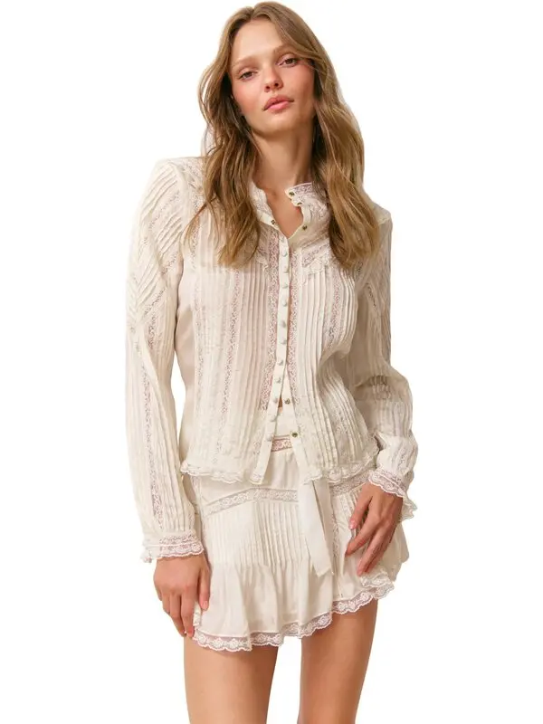 LoveShackFancy Aralina Silk Blouse With Lace Yoke And Blouson Sleeves - Ivory