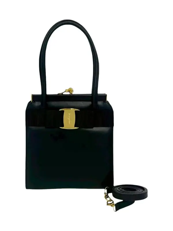 FERRAGAMO 20th Century Leather Vara Kiss Lock Satchel - Black