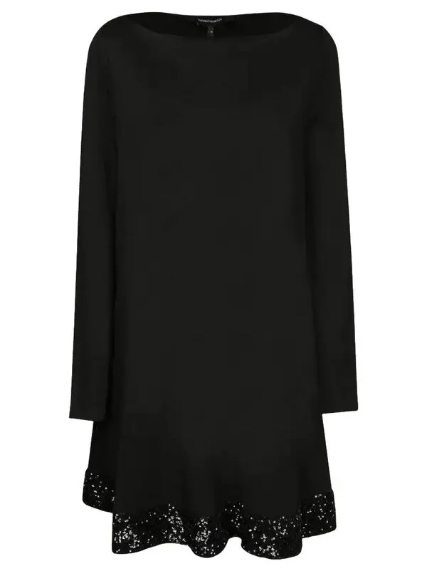 Emporio Armani Stretch-viscose Jersey Dress With Boat Neck And Sequin Hem - Black