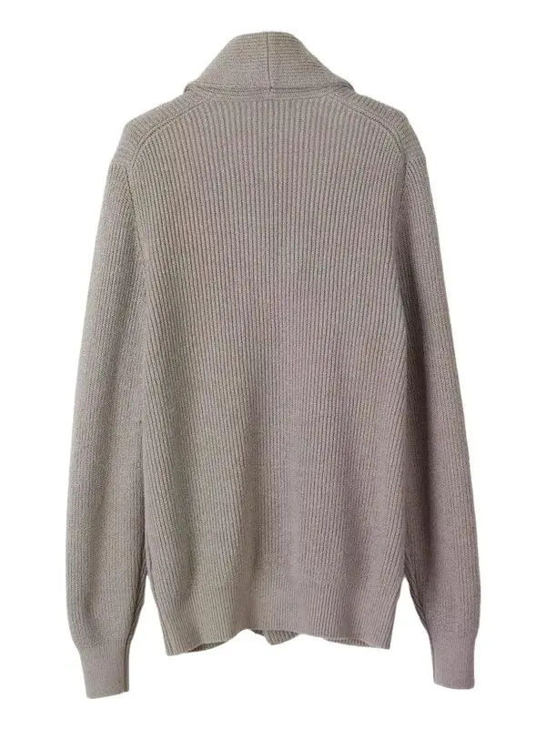 Brunello Cucinelli Taupe Ribbed Knit Shawl Collar Cardigan - Grey