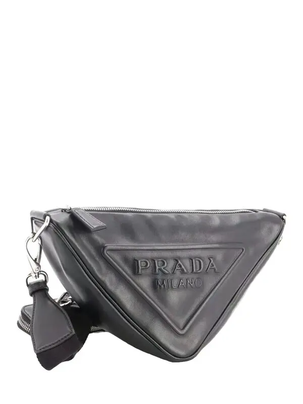 Prada Triangle Logo Zip Leather Small Crossbody Bag - Black