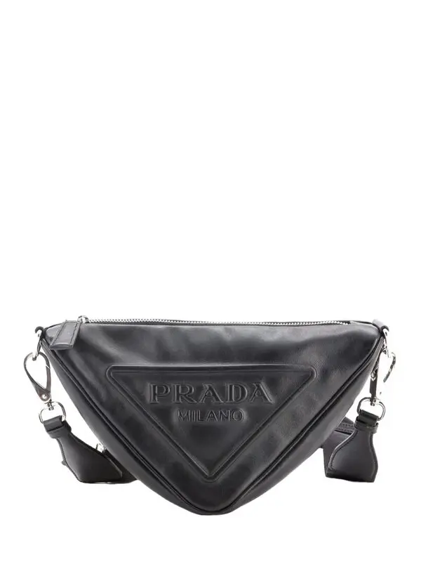 Prada Triangle Logo Zip Leather Small Crossbody Bag - Black