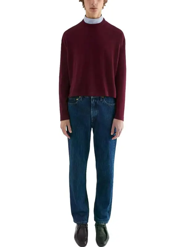 JIL SANDER Burgundy Wool Mock Neck Cropped Sweater - Red