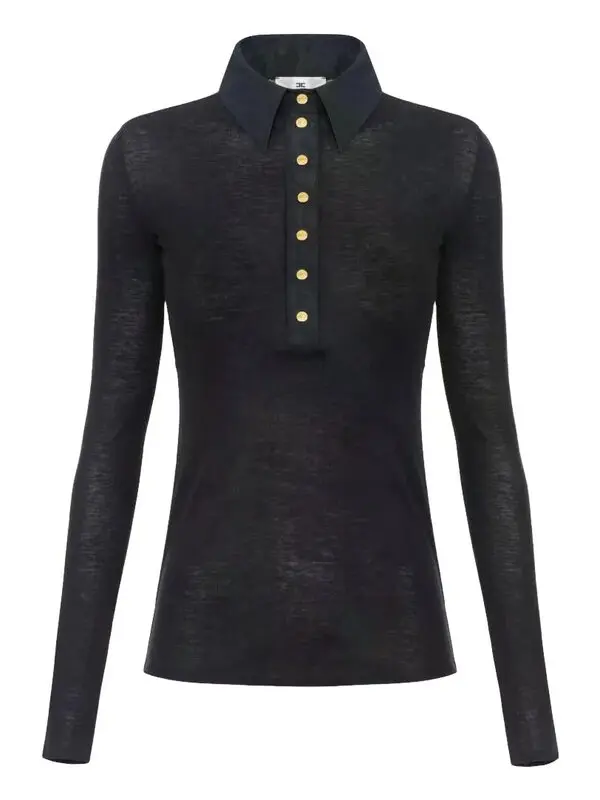 Elisabetta Franchi Knit And Taffeta Polo Shirt With Button Details - Black
