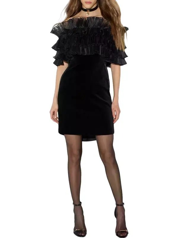 Elisabetta Franchi Dress In Velvet Fabric With Flounces - Black