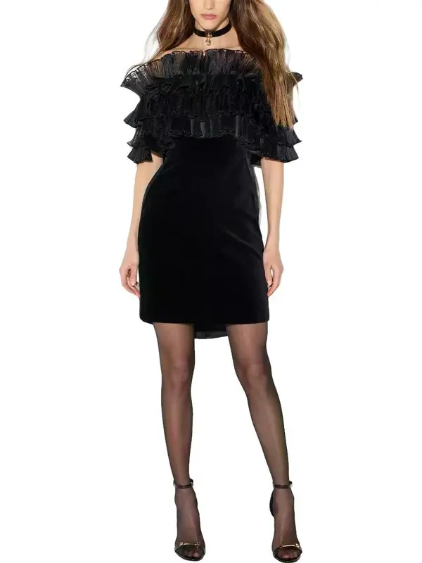 Elisabetta Franchi Off-the-shoulder Velvet Dress With Oversized Flounces - Black