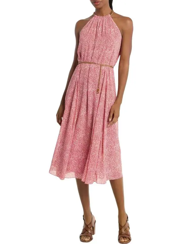 Michael Kors Abstract Print Halter Neck Midi Dress With Chain Belt - Pink