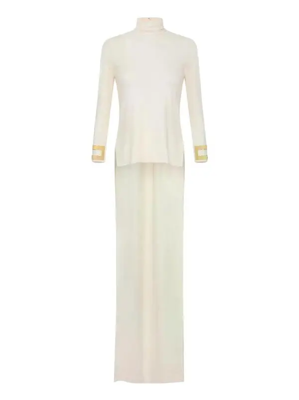 Elisabetta Franchi Long Sleeve High Neck Top With Metallic Cuffs - Neutrals