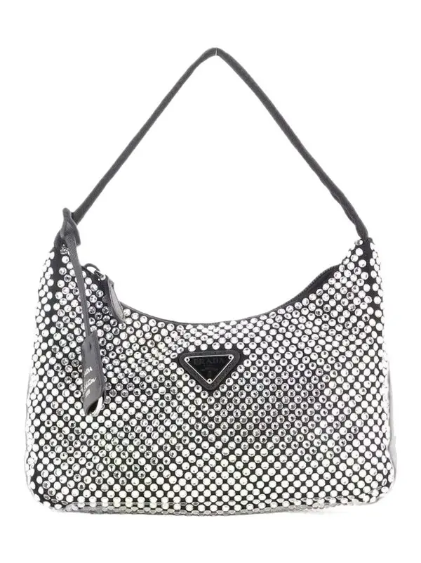 Prada Re-edition 2000 Crystal Embellished Satin Mini Hobo Bag - Black