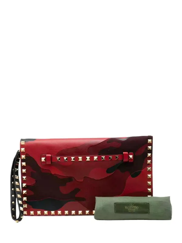 Valentino Garavani 2000-2017 Canvas And Nappa Camouflage Rockstud Wristlet Clutch Bag - Red