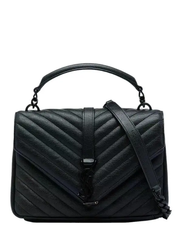 Saint Laurent 2016 Medium Chevron Sheepskin Monogram Monochrome College Bag Satchel - Black
