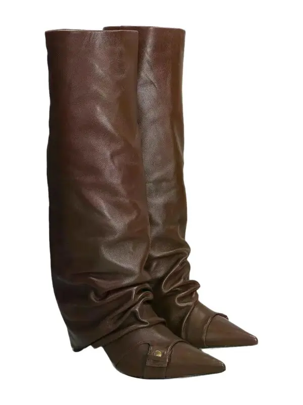 THE SELLER Pointed-toe Slouchy Leather Boots With Gold-tone Stud Detail - Brown