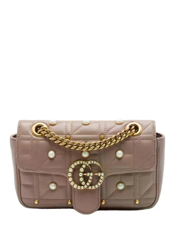 Gucci Small Gg Marmont Pearl Studded Matelassé Calfskin Shoulder Bag - Brown