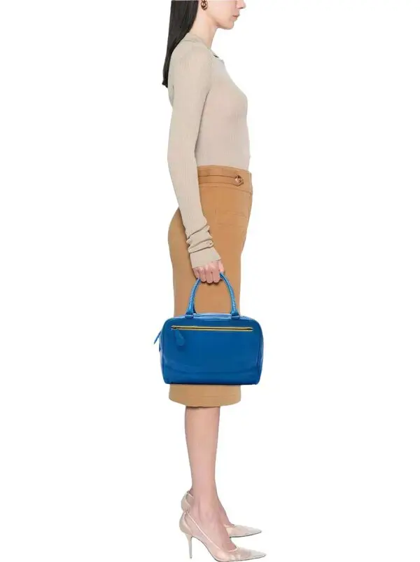 Bottega Veneta 2012-2026 Intrecciato Trimmed Medium Goatskin Madras Heritage Brera Handbag - Blue