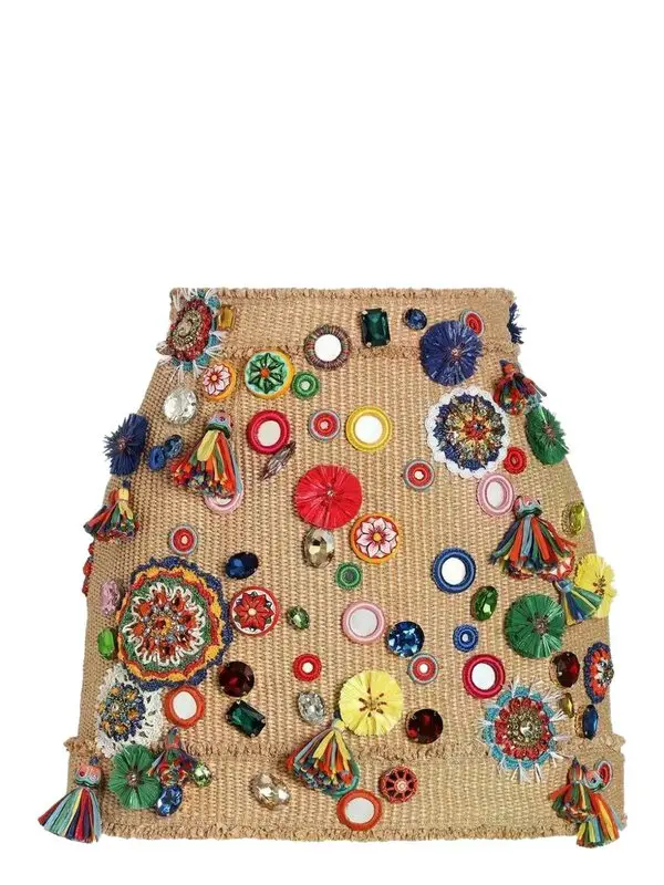 Dolce & Gabbana Raffia Mini Skirt With Applications - Neutrals
