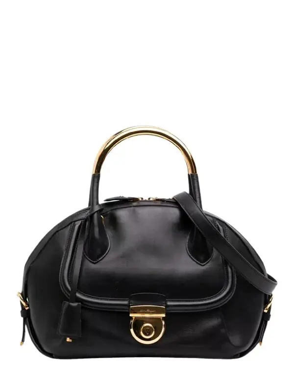 FERRAGAMO Leather Fiamma Satchel - Black