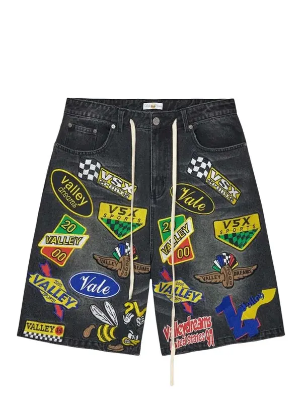 VALE FOREVER Embroidered Patch Denim Shorts - Black