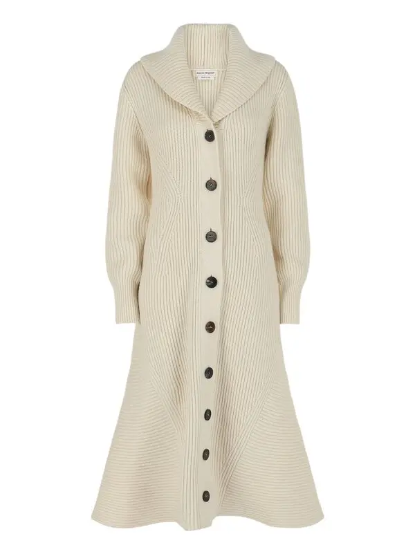 Alexander McQueen Ribbed Wool Cardigan Coat With Shawl Collar - Cream